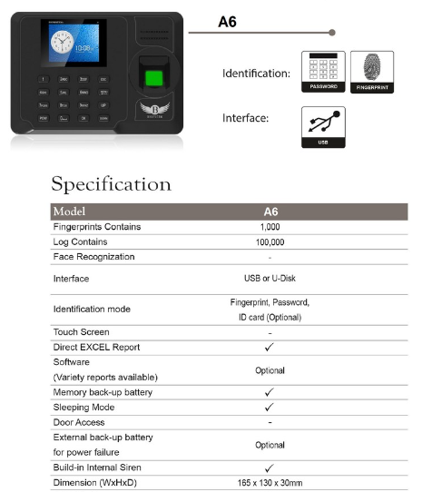 BIOSYSTEM FINGER PRINT RECOGNITION TIME ATTENDANCE A6